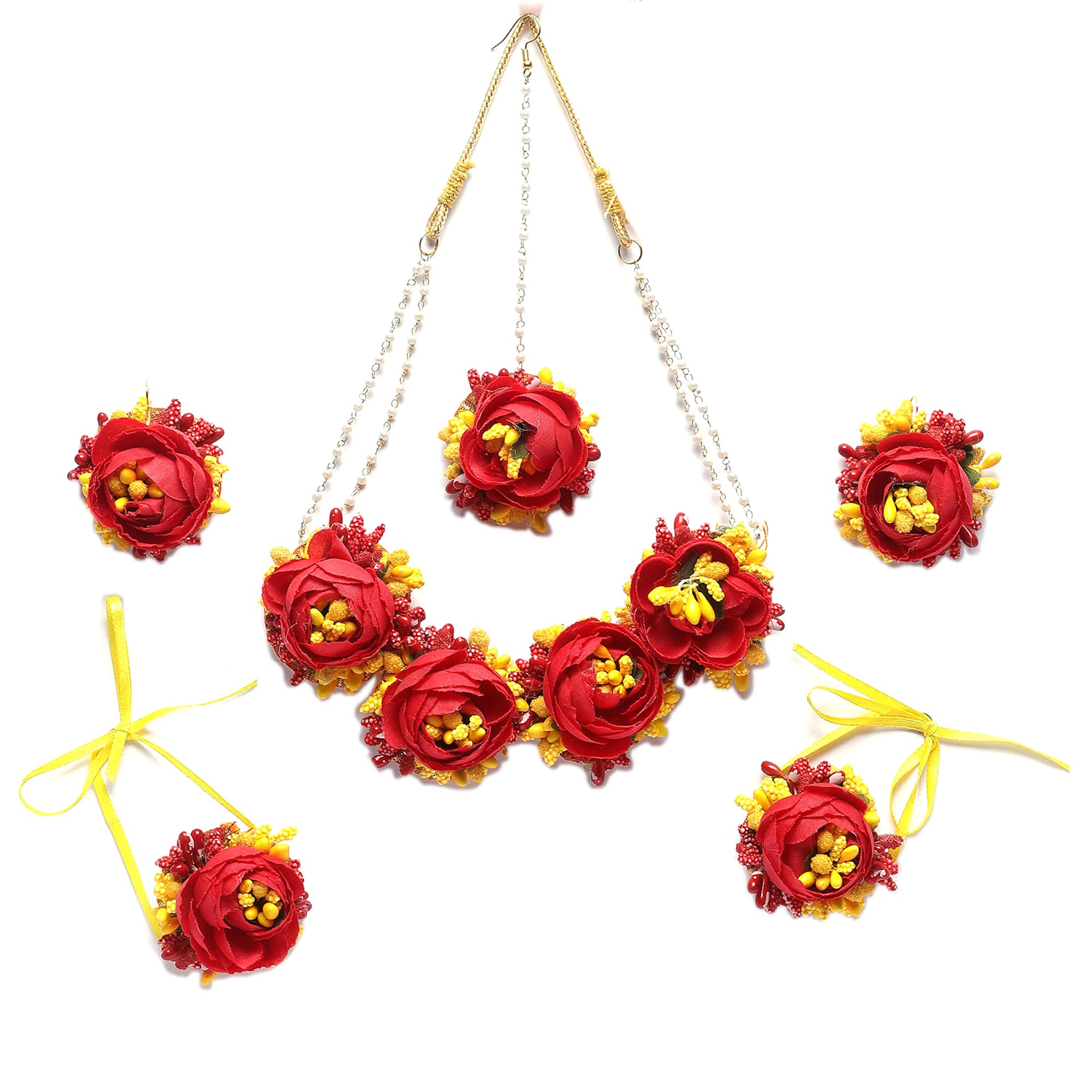 Gold-Plated Red-Yellow Floral White Pearls Beaded Haldi & Mehendi Jewe