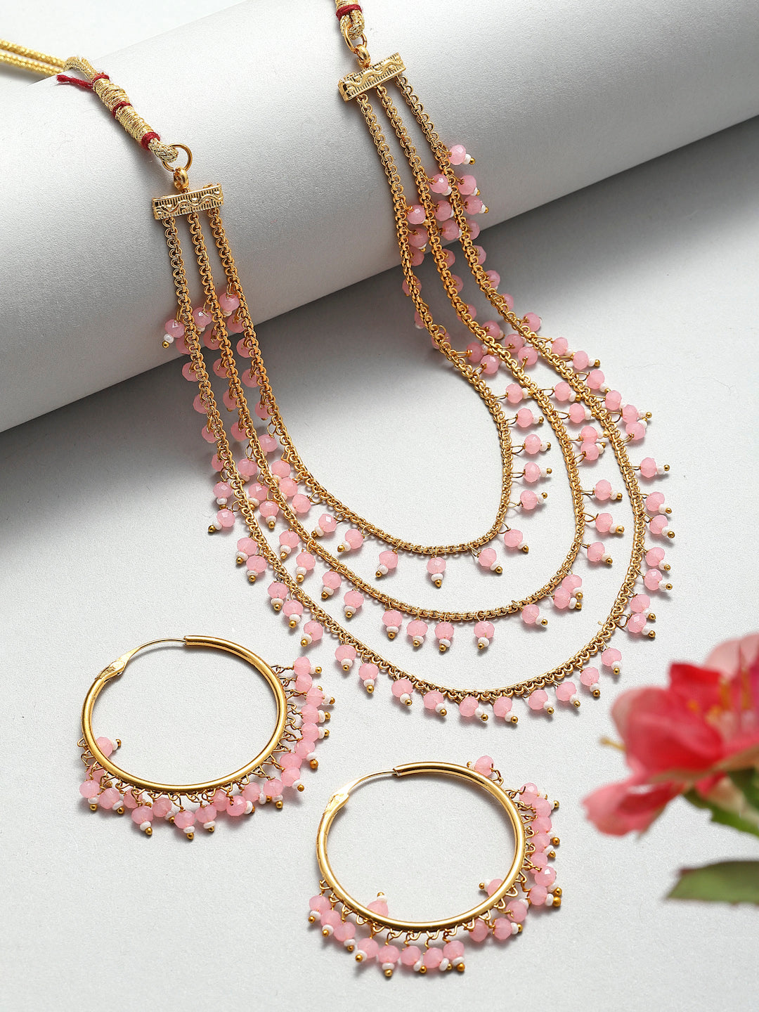 Gold-Plated Pink Pearl Drop 3 Intricate Layered Jewellery Set
