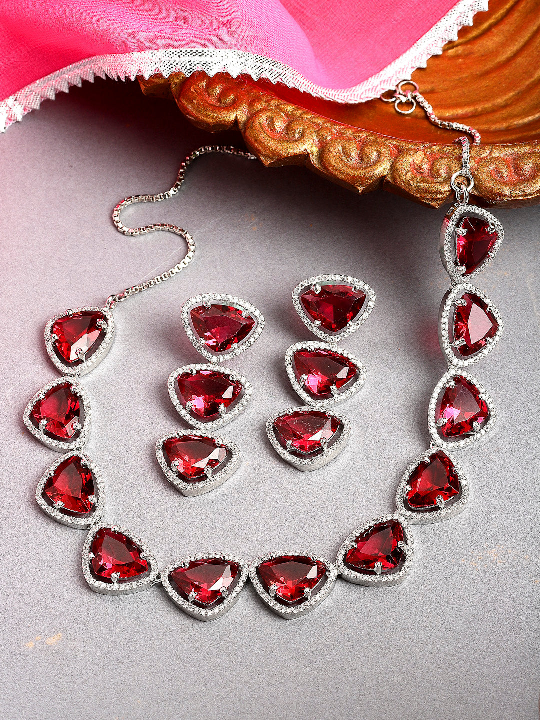 Rhodium-Plated with Silver-Tone Triangular Red & White American Diamon